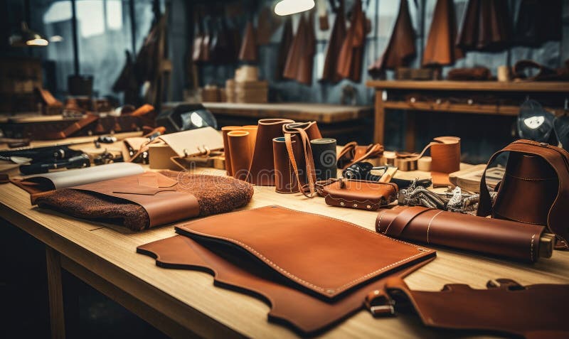 A Variety of Leather Textures and Colors on a Stylish Table Stock ...