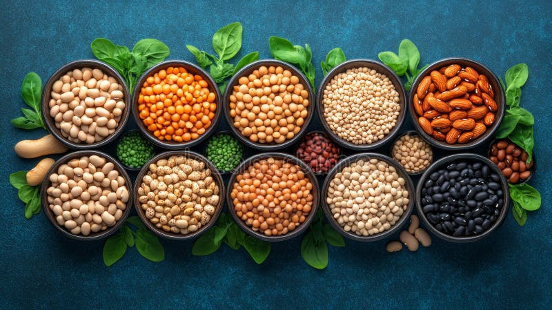 Variety of Legumes and Nuts in Bowls Stock Illustration - Illustration ...