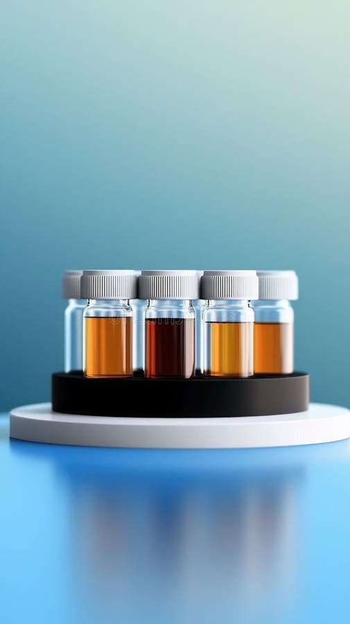 Variety of Liquid Samples in Glass Vials on Circular Stand Against Blue ...