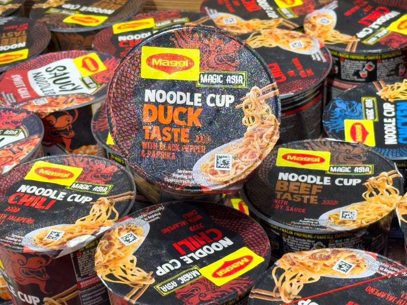 Variety of Maggi Noodle Cups with Different Flavors in Colorful ...