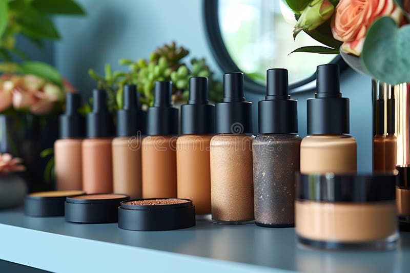 Variety of Makeup Foundations and Compact Compacts on Shelf in Studio ...