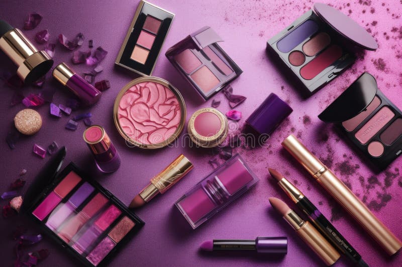 A Variety of Makeup Products on a Purple Surface. Generative AI Image ...