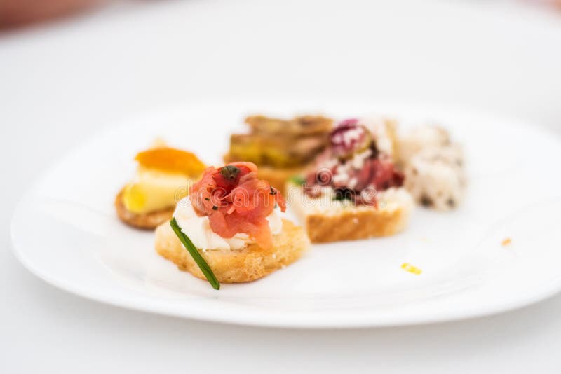 Variety of Meat and Fish Canapes Stock Photo - Image of baguette ...