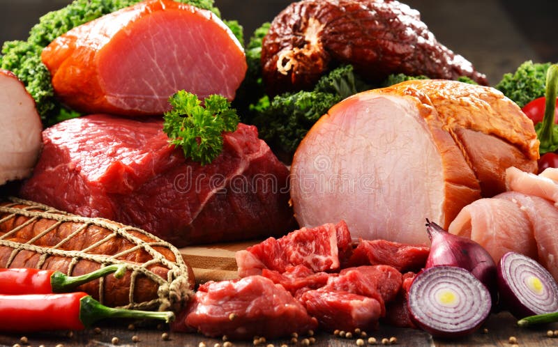 Variety of Meat Products Including Ham and Sausages Stock Image - Image ...