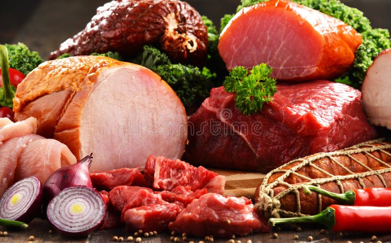 Variety of Meat Products Including Ham and Sausages Stock Image - Image ...
