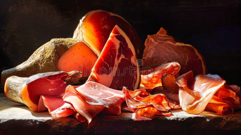 Variety of Meats Displayed on a Table Stock Illustration - Illustration ...