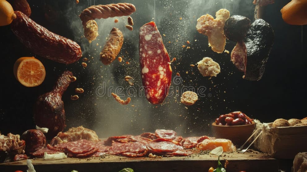 Variety of Meats and Sausages in Dramatic Dark Setting Stock ...