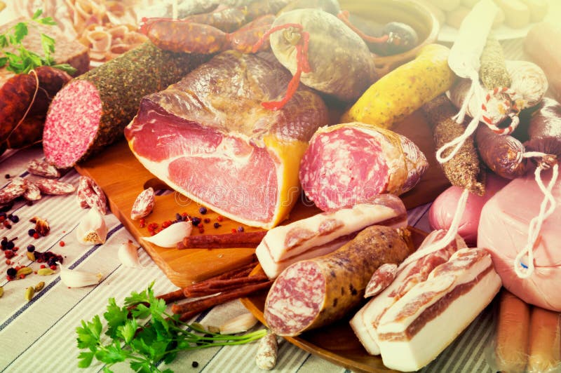 Variety of meats on table stock image. Image of appetite - 92992697