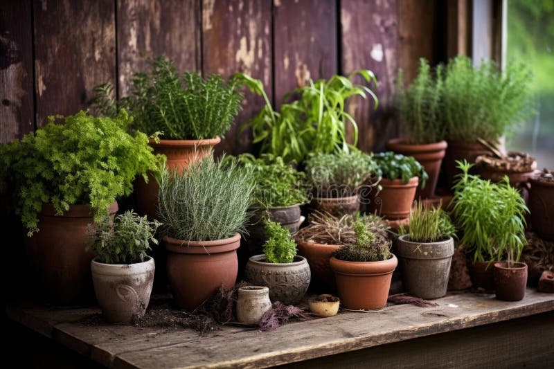 A Variety of Medicinal Herbs in Clay Pots on Rustic Wooden Table Stock ...