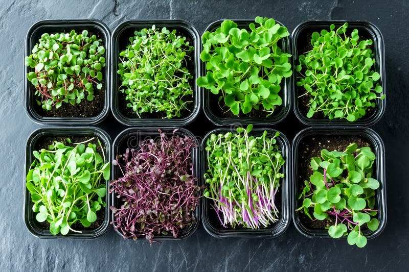 A Variety of Microgreens in Black Plastic Containers on a Table Stock ...