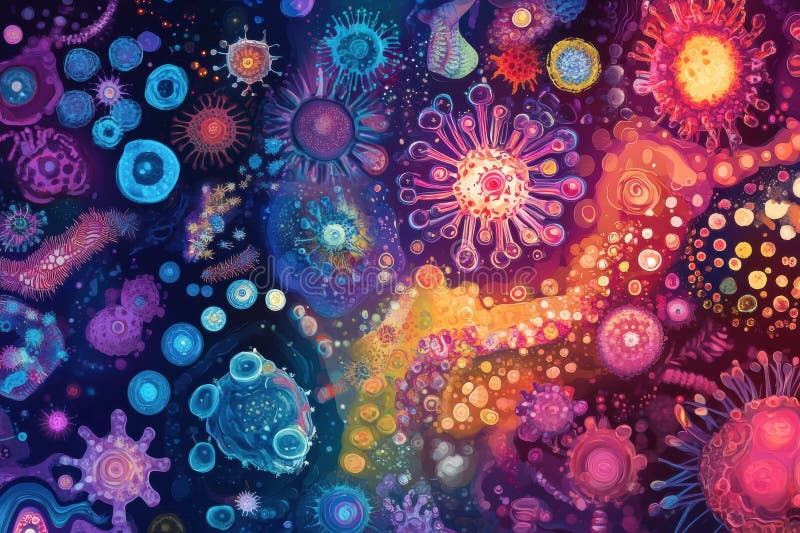 Colorful Illustration of Diverse Microscopic Microbes with Unique ...