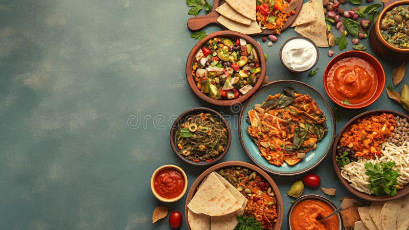 Middle Eastern Food Spread on Blue Background Stock Illustration ...