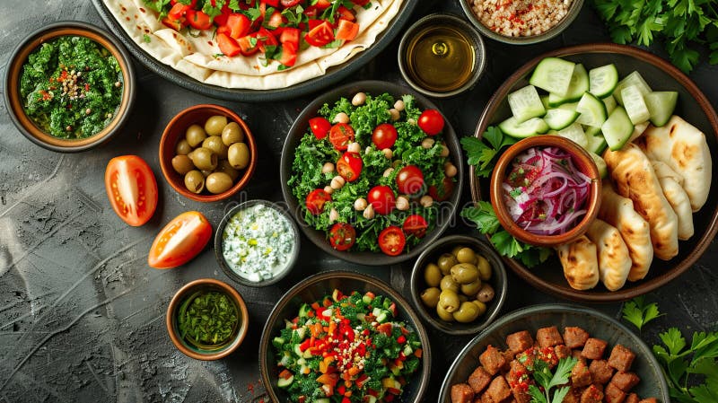 A Variety of Middle Eastern Dishes, Including Salads, Dips, Breads, and ...