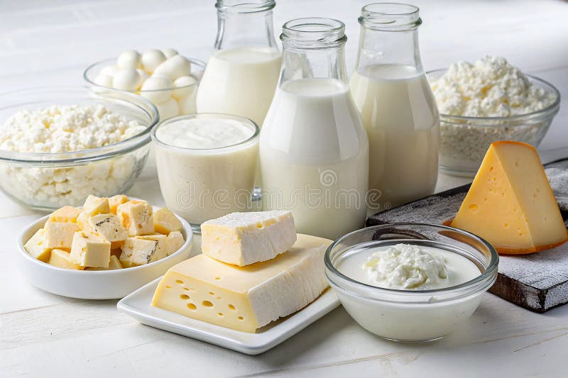 Variety of Milk-Based Products Showcased on Clean White Surface Stock ...