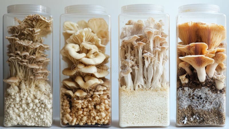 Variety of Mushroom Growth in Clear Containers for Organic Display and ...