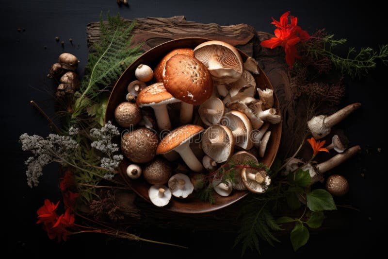 Assorted Wild Mushrooms with Rustic Backdrop Stock Illustration ...