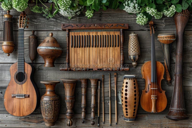 Variety of Musical Instruments Arranged on Wooden Surface in Flat Lay ...
