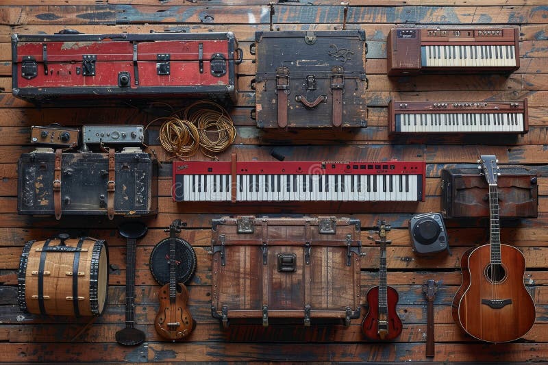 Variety of Musical Instruments Arranged on Wooden Surface in Flat Lay ...