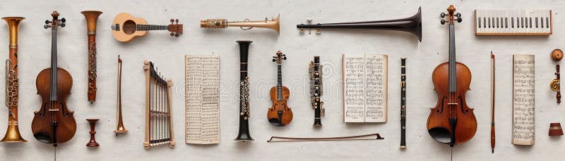 A Variety of Musical Instruments Laid Out on a White Surface Stock ...