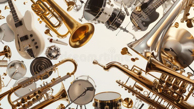A Variety of Musical Instruments are Scattered Across a White Surface ...