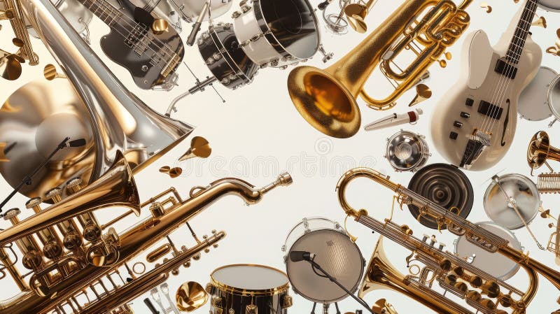 A Variety of Musical Instruments are Scattered Across a White Surface ...