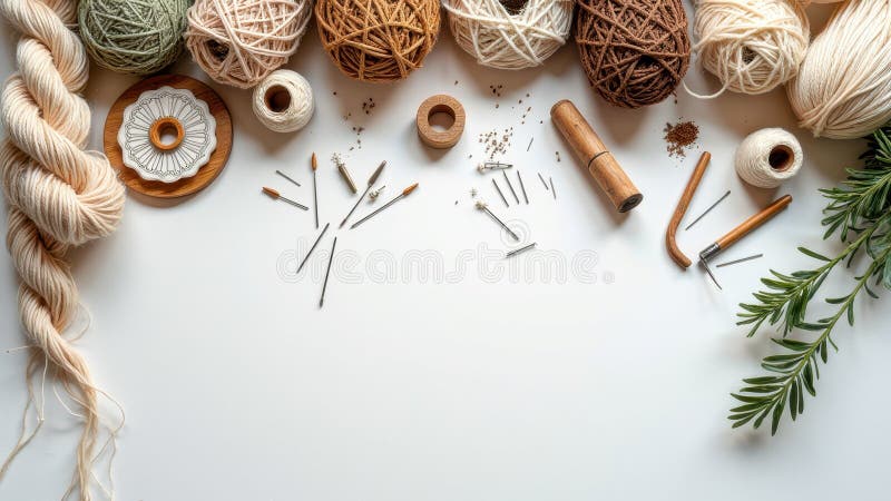 Variety of Natural Fiber Yarns and Knitting Tools on White Background ...