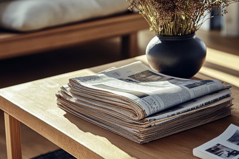 Variety of Newspapers Stacked on a Wooden Table in a Cozy Cafe Setting ...