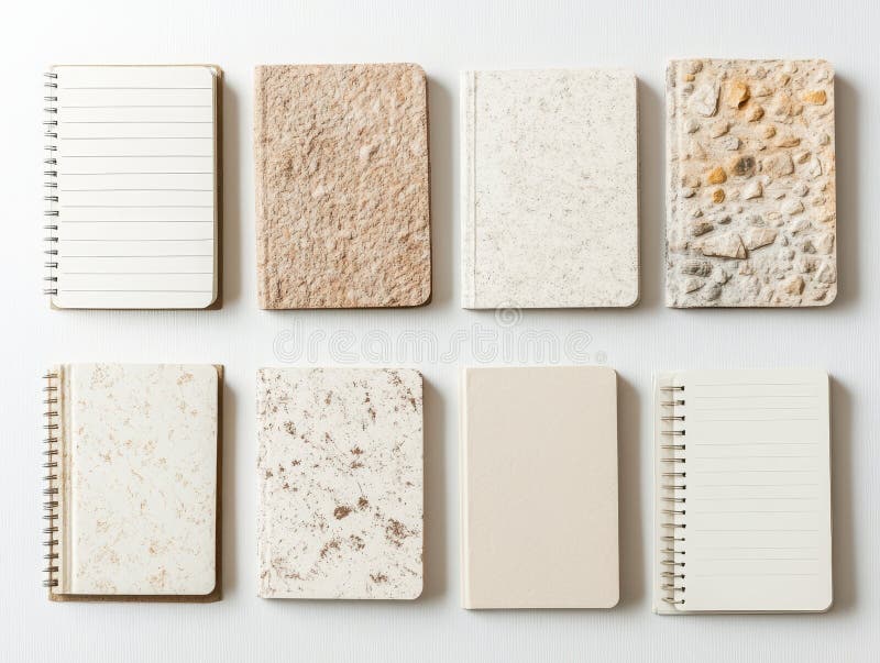 Variety of Notebooks with Textured Covers Arranged in Grid Stock Photo ...