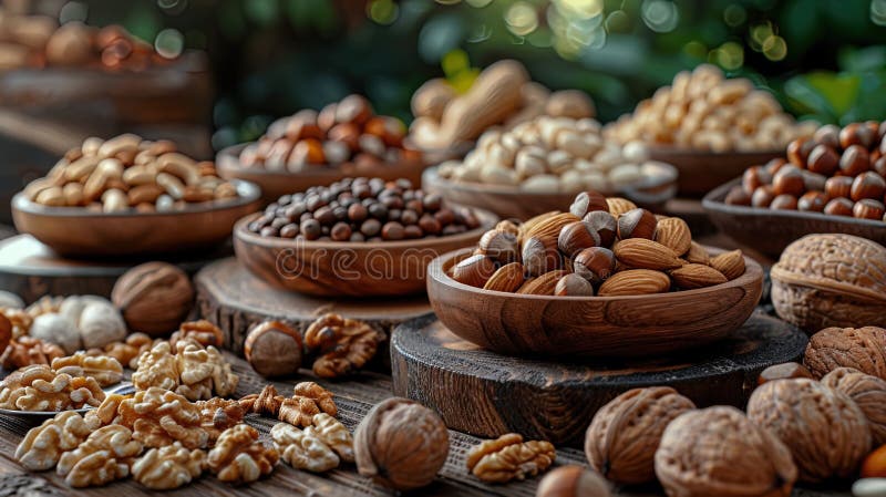 A Variety of Nuts Arranged Elegantly on a Wooden Table, Showcasing ...