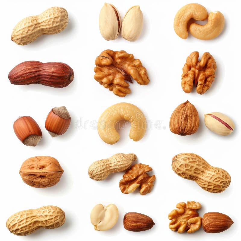 Assorted Nuts Displayed on Isolated Background in Various Shapes and ...