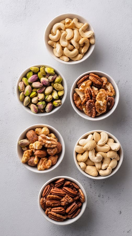 Variety of Nuts Displayed in Bowls on a Gray Surface for a Healthy ...