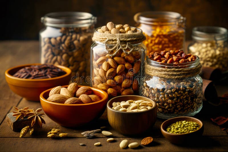 Variety of Nuts and Nutshells in Glass Jars on Table. Generative AI ...