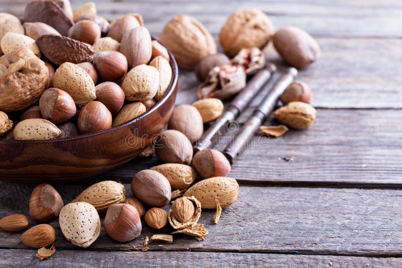 Variety of Nuts with Shells in a Bowl Stock Image - Image of pile, heap ...