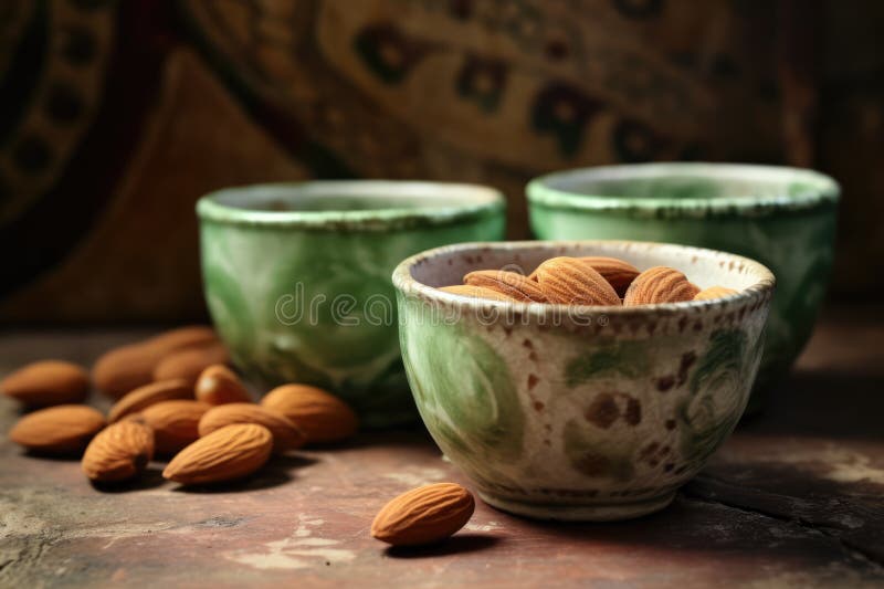 A Variety of Nuts in Two Green Ceramic Bowls on a Table Stock ...