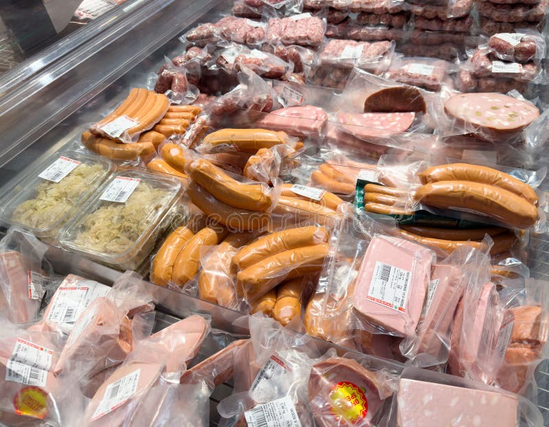 Variety of Packaged Processed Meats and Sausages in a Grocery Display ...
