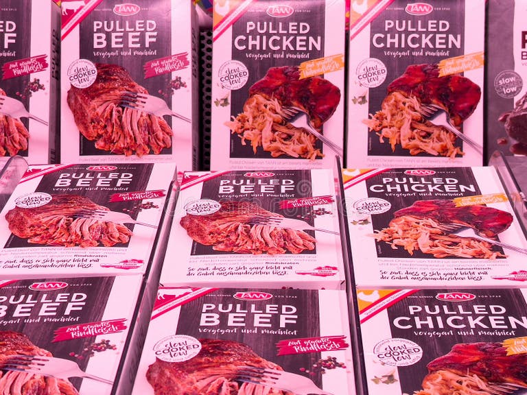 Variety of Packaged Pulled Meat Products in Supermarket Display ...