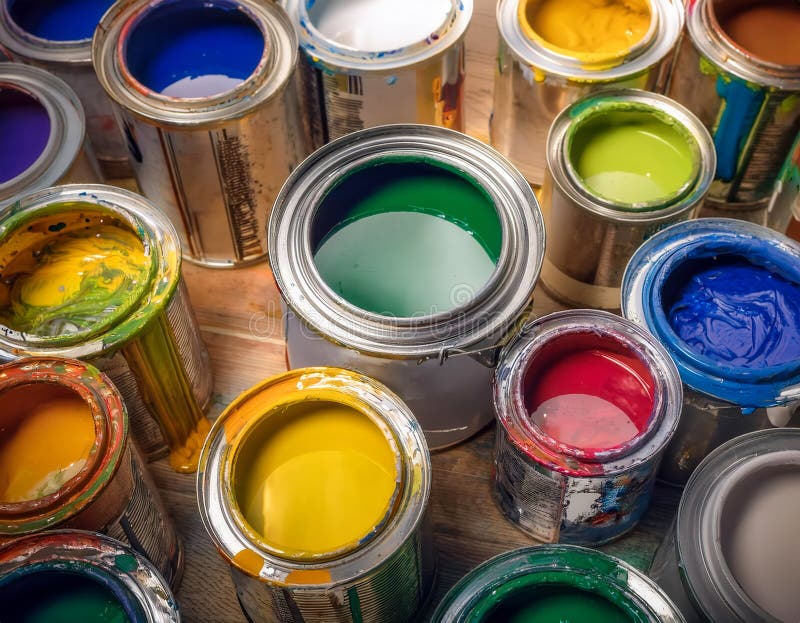 Variety of Paint Cans are Displayed on a Table, with Some of Them Being ...