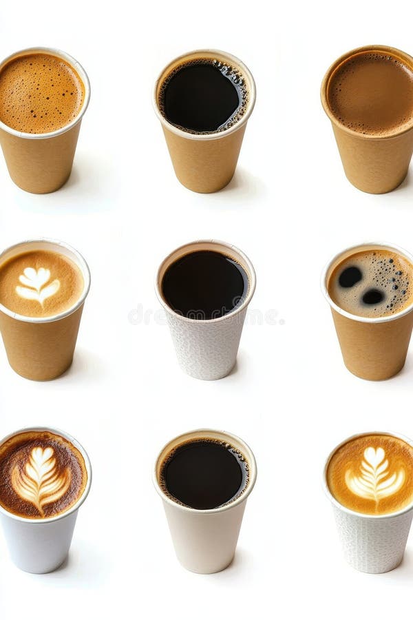 Variety of Paper Coffee Cups with Different Coffee Drinks, Isolated on ...