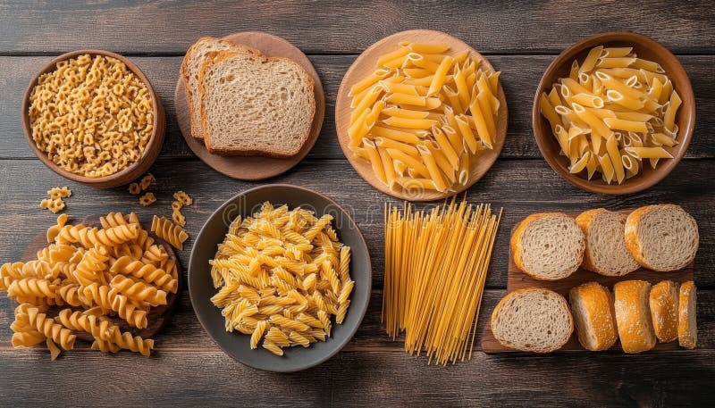 Variety of Pasta and Bread Arranged on Wooden Table, Showcasing ...