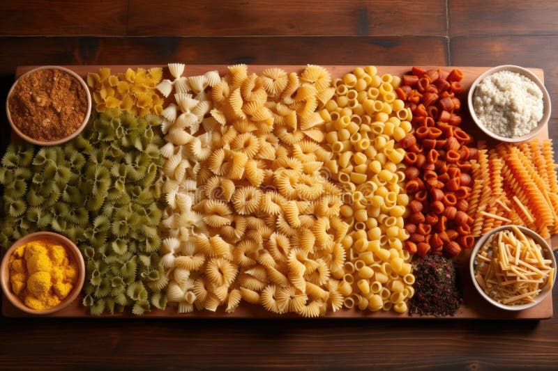 Variety of Pasta Shapes Side by Side on a Board Stock Illustration ...