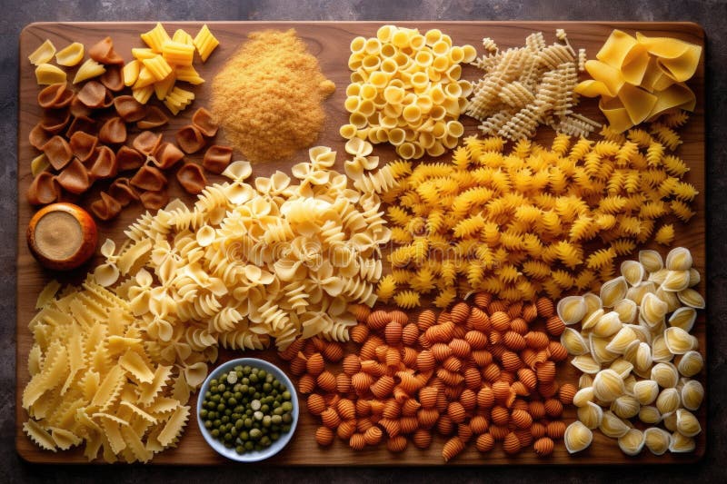 Variety of Pasta Shapes Side by Side on a Board Stock Photo - Image of ...
