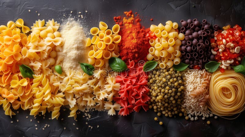 Variety of pasta top view stock illustration. Illustration of menu ...