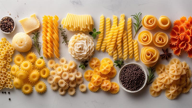 Variety of pasta top view stock illustration. Illustration of nutrition ...