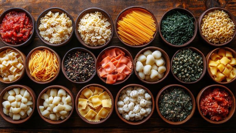 Variety of Pasta Types and Ingredients Arranged in Bowls on a Wooden ...