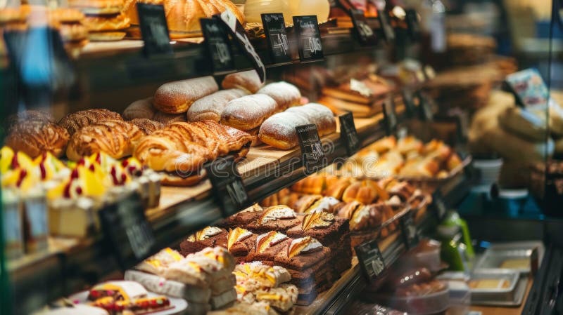 Variety of Pastries and Desserts in a Bakery Display Case Stock Image ...