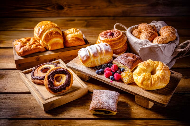 Variety of Pastries Displayed on Wooden Trays on Wooden Table ...