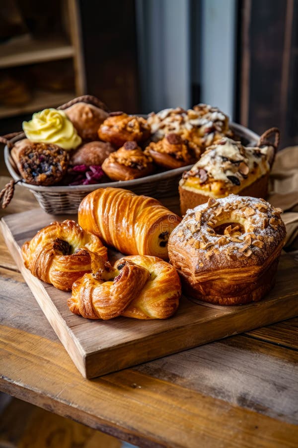 Variety of Pastries are on Wooden Platter on Table. Generative AI Stock ...