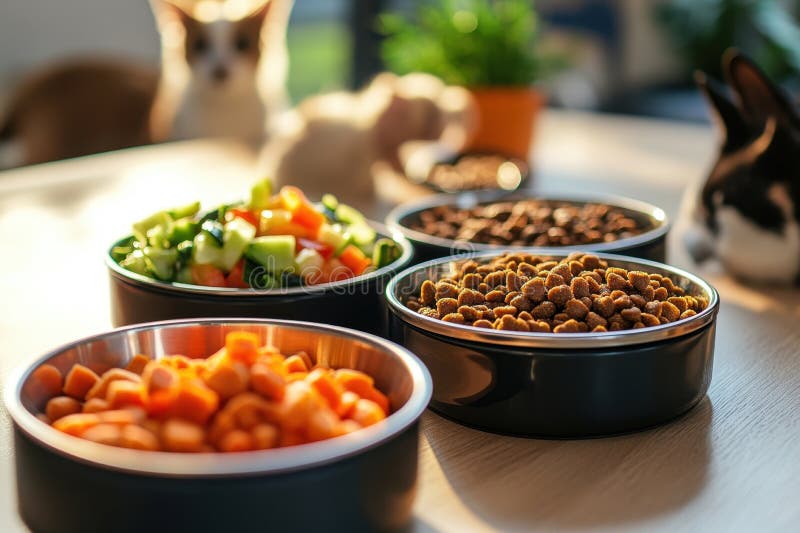 A Variety of Pet Food Bowls Arranged on a Table, with Animals in the ...