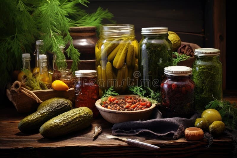 Variety of Pickles on Rustic Wooden Table Stock Illustration ...