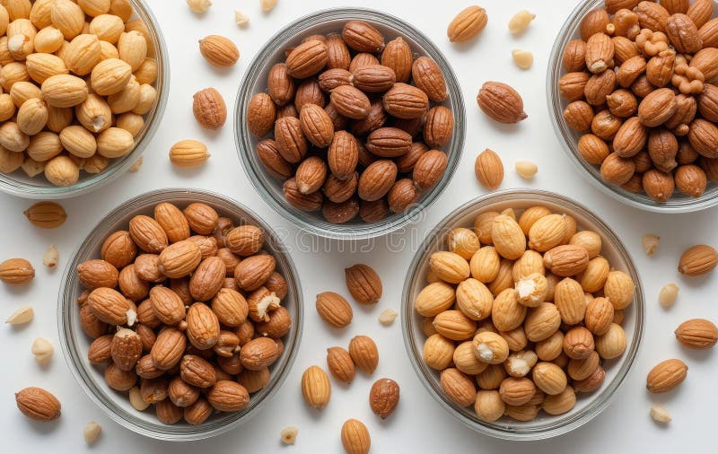 Variety of Pili Nuts Displayed in Glass Bowls on White Surface Stock ...